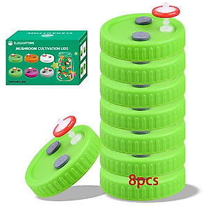 Eleganttime 8Pcs Wide Mouth Liquid Culture Lids,Cultivation Mason Jar Lid with 0.22um PTFE Syringe Filter & 20mm Self Healing Injection Ports For Mushroom(Green)