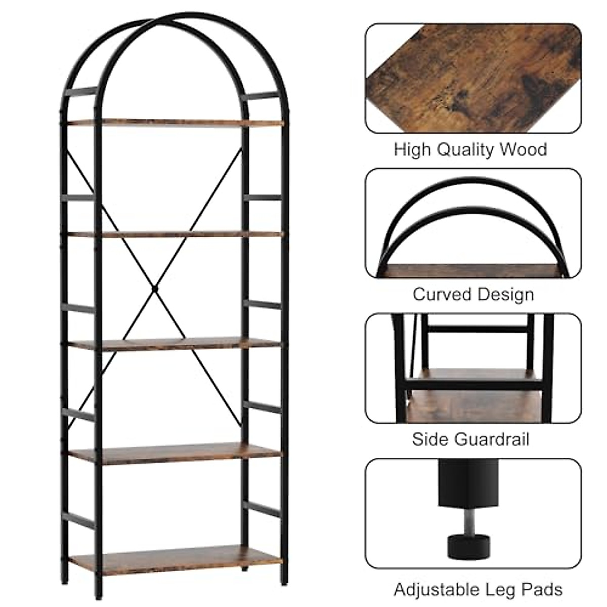 Arbuxzuy 5-Tier Bookshelf, 24 Inch Width Industrial Arched Bookcase, Vintage Storage Rack with Open Shelves, Free Standing Shelf for Home Office, Living Room,Bedroom, Rustic Brown
