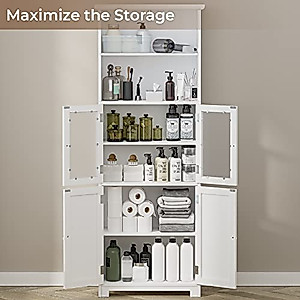 ADORNEVE 64" Bathroom Storage Cabinet, Linen Cabinet with 2 Doors, Tall Storage Cabinet with 2 Open Compartments & Adjustable Shelves for Bathroom, Living Room, Office, White