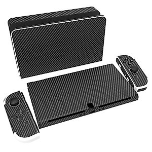 PlayVital Full Set Protective Stickers for Nintendo Switch OLED Model, Customized Vinyl Decal Skins for Switch OLED Console & Joycon & Dock & Grip - Black Silver Carbon Fiber
