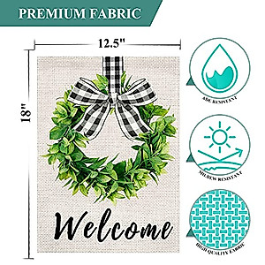 XIFAN Welcome Garden Flag with Holder Stand Set, Heavyweight Burlap Boxwood Wreath Flag Double Sided Small 12.5 x 18 Inch & Black Garden Flag Holder, Spring Yard Farmhouse Outdoor Decoration
