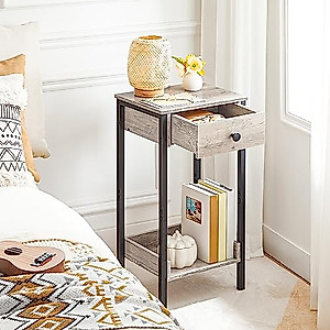 HOOBRO Tall Side Table, Nightstand, End Table with Drawer and Storage Shelf, Industrial End Telephone Table, for Study, Bedroom, Space Saving, Greige and Black BG71BZ01