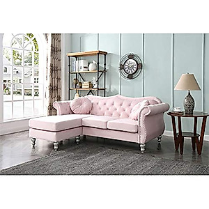 Pemberly Row Transitional Velvet Back Tufted Sofa Chaise in Pink