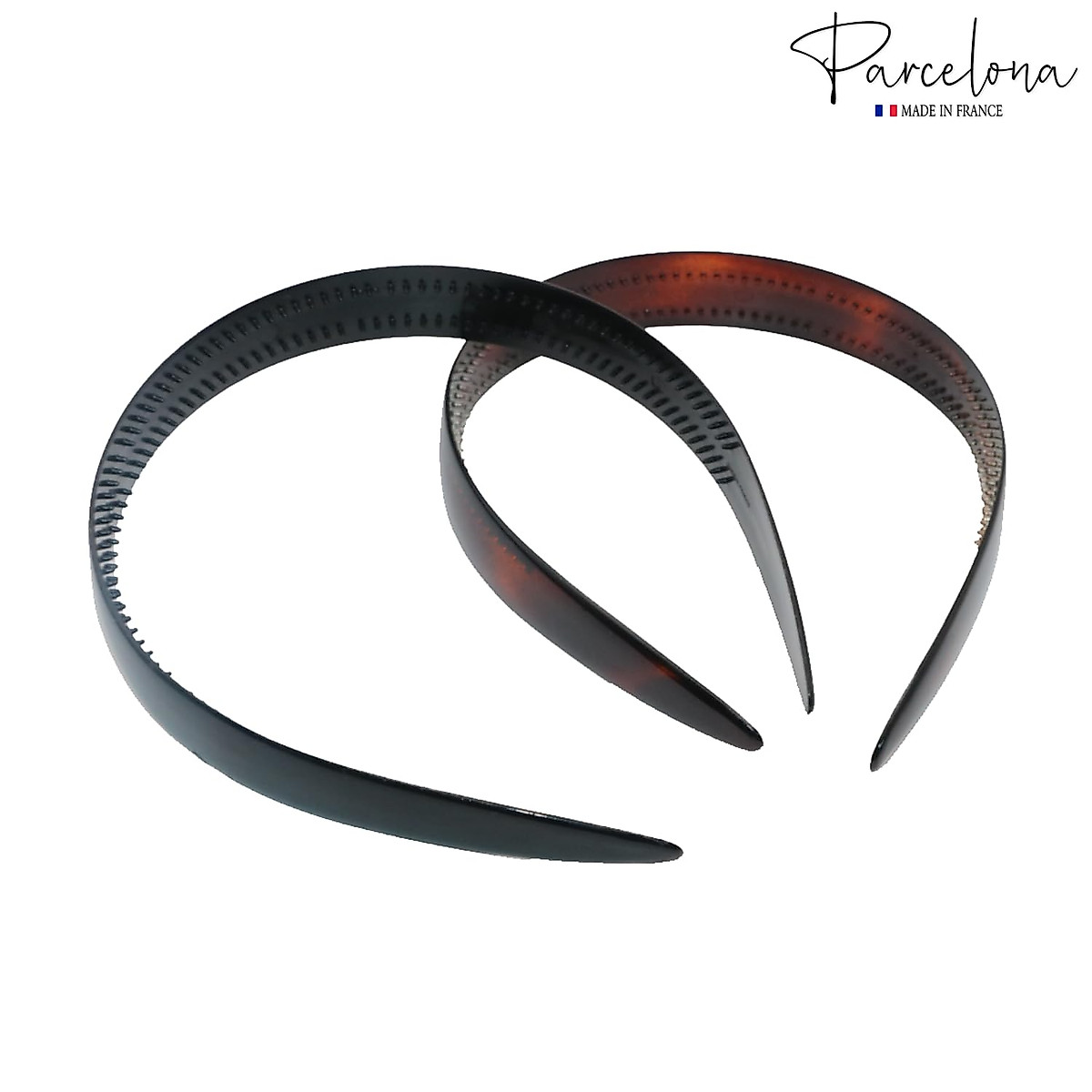 Parcelona French Wide 3/4" Shell Brown and Black Celluloid Set of 2 Headbands for Women