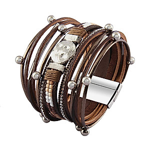 Jeilwiy Leather Wrap Around Bracelet Multi Rope Boho Bracelets Cuff Bangle Baroque Pearls Handmade Bohemian Jewelry for Women, Daughter, Sister Gifts