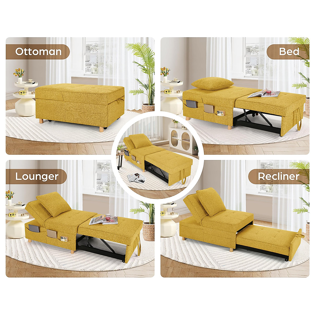 SEJOV Sleeper Sofa Chair Bed,4-in-1 Convertible Sofa Bed Chair with 6 Adjustable Backrest and Pillow, 3-Seat Pull Out Sleeper Chair Linen No Backrest for Bedroom Small Space Living Room, Yellow