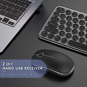 Wireless Keyboard and Mouse Combo, 2.4G Retro Computer Keyboard Mouse with Round Keys, Slim Quiet Keyboard Mouse with 2 in 1 Nano USB Receiver for for Windows, Laptop, PC, Notebook-Black Grey