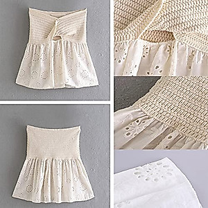 MISSACTIVER Women Twist Knot Knit Bandeau Tube Top Embroidery Strapless Off Shoulder Backless Hollow Crop Tank Corset Top Apricot