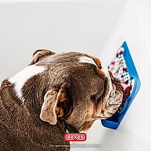 Dexas Snack & Distract Licking Mat with Catch Tray for Dogs and Cats-9.5"x 5.5", Pro Blue. Sticks to Most Slick or Smooth Surfaces. Eases Anxiety, Prevents Boredom, Entertains and Distracts.