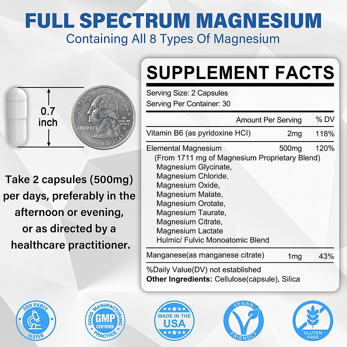 Magnesium Complex Supplement 8 Forms, 500mg Magnesium Glycinate, Malate, Citrate, High Absorption Mg for Calm, Sleep, Mood & Healthy Muscle, Pack of 2, Total 120 Vegan Capsules
