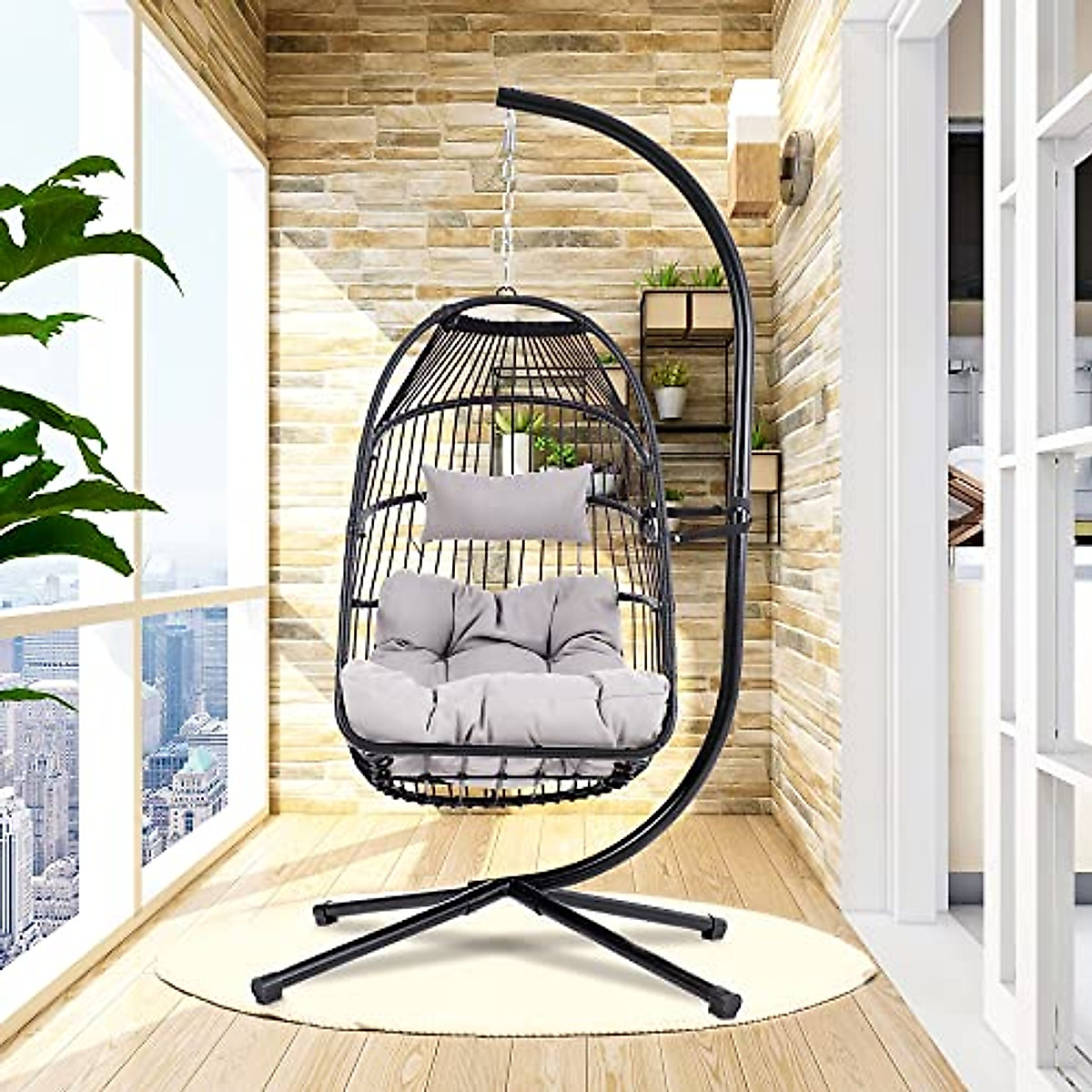 Patio Foldable Swing Chair with Cushion, PE Wicker Egg Hanging Chair w/Stand, Hammock Chair for Outdoor Balcony Indoor Bedroom (Black+Gray-2)