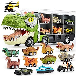 JOYIN 13 in 1 Dinosaur Truck for Kids, with 12 Pull Back Dinosaur Car Vehicles, Toy Dinosaur Transport Carrier Truck with Music and Roaring Sound, Flashing Lights, Mini Dinosaur Car Set, Helicopter