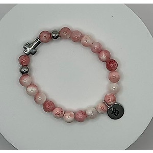 Women's Cross Bracelet with Initial Charm, Pink White Jade Semi Precious Stones (7, Pink White Jade)