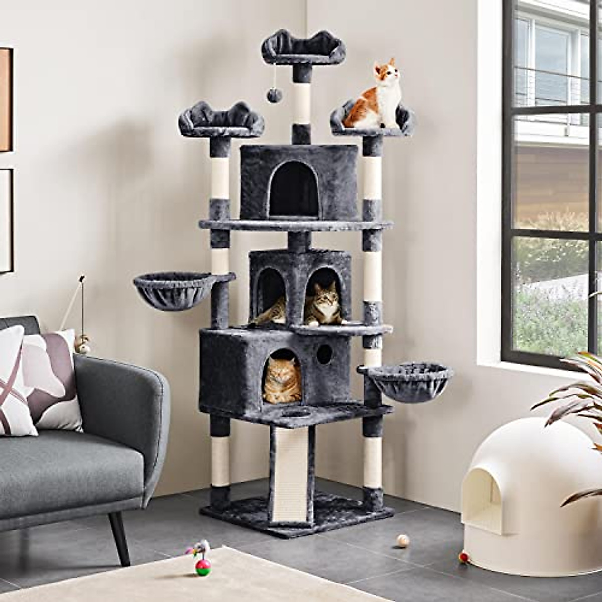 Yaheetech 76.5in Cat Tree Cat Tower with 3 Condos, 3 Cozy Perches with Dangling Ball, Scratching Posts, 2 Baskets, Pet Bed Furniture Activity Center for Indoor Cats and Kittens