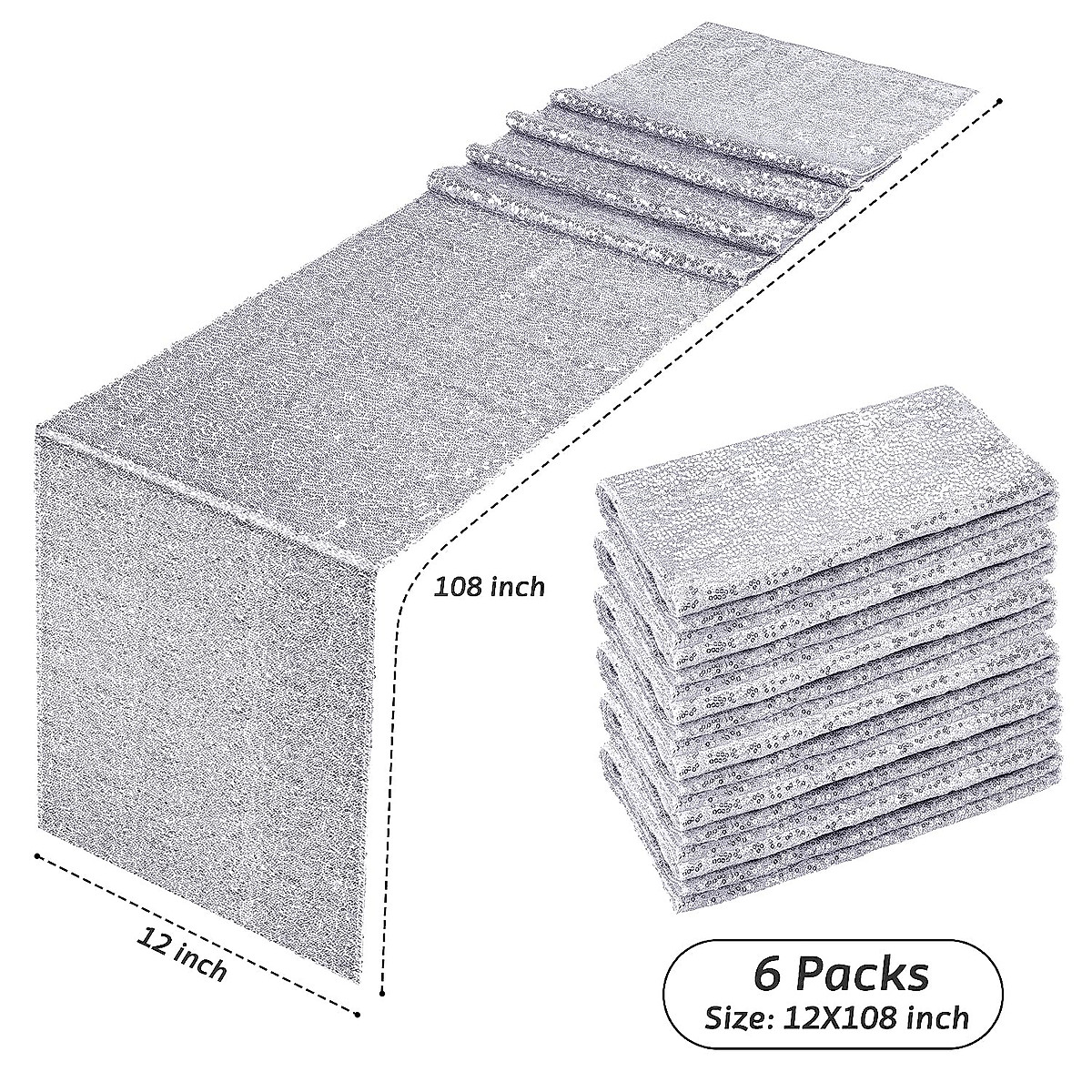 6 Pack Sequin Table Runner Silver, 12 x 108 inch Glitter Silver Table Runner for Rectangle Table for Birthday, Wedding, Banquet, Holiday Party Decorations & Baby Shower