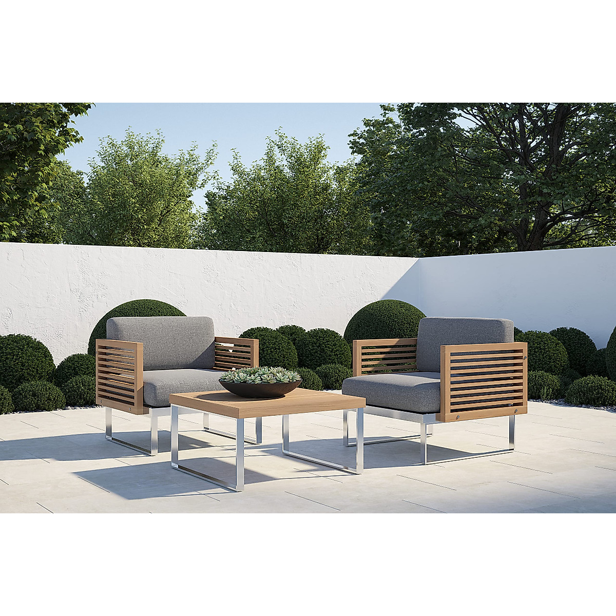 NewAge Products Outdoor Furniture Monterey 3 Piece Chat Set with Coffee Table, Patio Conversation Sets, Aluminum + Teak, Cast Silver, 91210