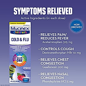 Cold, Cough, and Sore Throat, Mucinex Children's Cold, Cough, & Sore Throat Liquid, Mixed Berry, 4oz (Packaging May Vary) Controls Cough, Relieves Nasal & Chest Congestion, Thins & Soothes Sore Throat