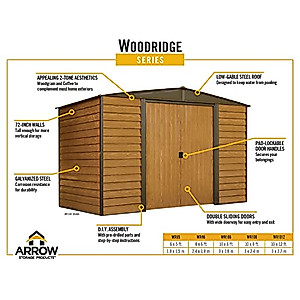 Arrow Shed WR86 Arrow Woodridge Low Gable Steel, Coffee/Woodgrain 8 x 6 ft. Storage Shed
