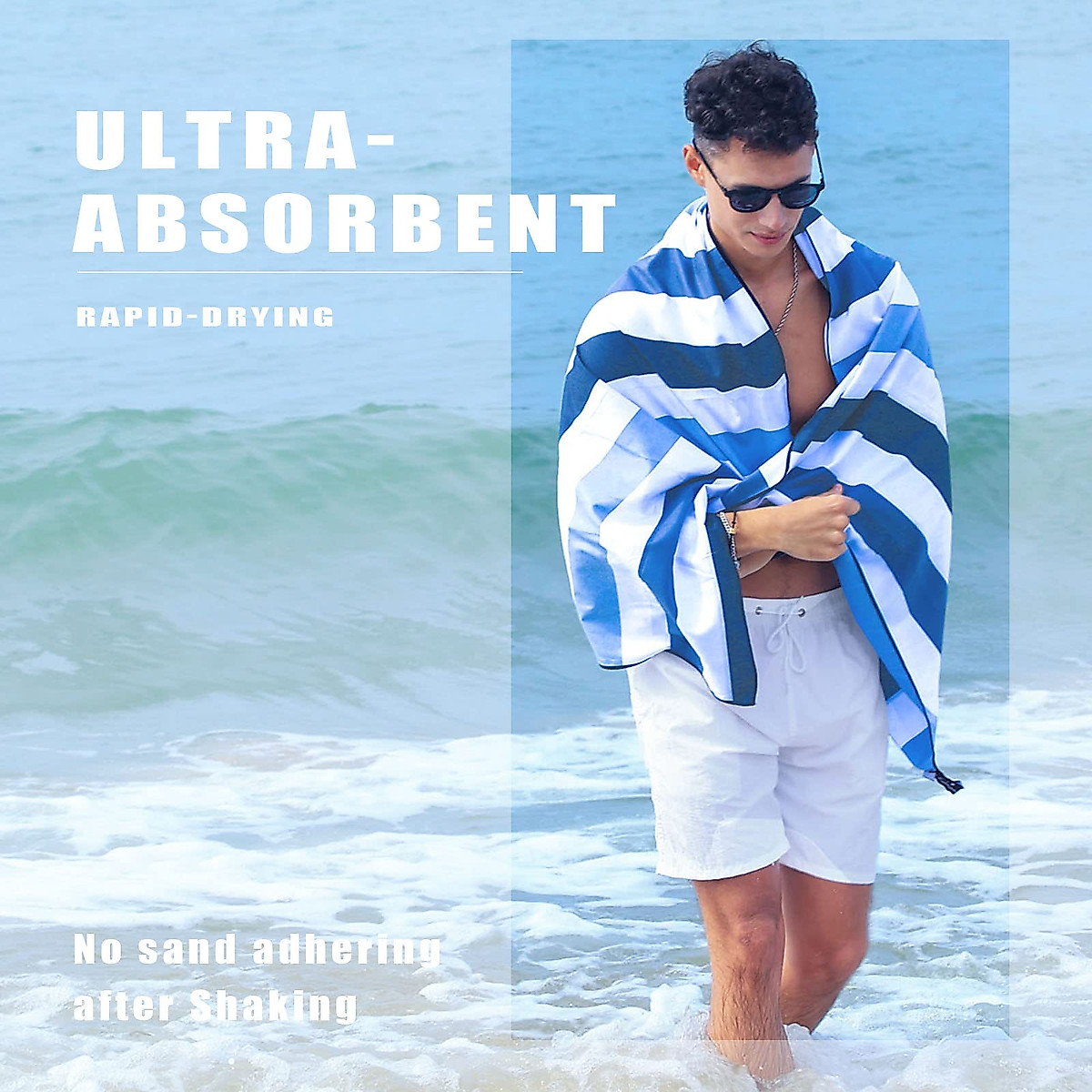 Exclusivo Mezcla Large Microfiber Quick Dry Beach Towel, Lightweight Sand-Free Cabana Stripe Pool Travel Camping Towel with Bag (Blue, 30x60 Inches)