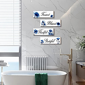 Blue Wall Decor for Living Room 4 Pieces - Focused Grateful Blessed Thankful Wood Signs, MONKLE Flowers Wall Art Decor Wooden Hanging Plaques, Floral Art Decorations for Home Kitchen Living Room
