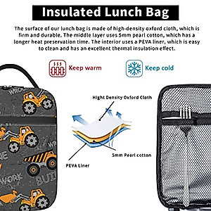 PAYOHTO Lunch Bag Kids Construction Truck Tractor Insulated Lunch Box for Toddler Boys for School Leak Proof Reusable Meal Tote Bag for Kindergarten