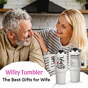 Christmas Gifts For Wife From Husband - Wife Tumbler 40Oz, Wife Gift on Birthday, Anniversary, Valentines, Present Idea for Wifey, Cool Wedding Coffee Cup with Straw and Handle, Drinking Mug for Women