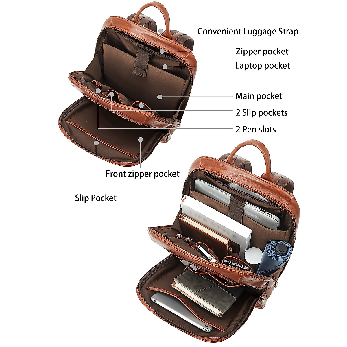 BOSTANTEN Men Leather Backpack, Vegetable Tanned Full Grain Leather 15.6 Inch Computer Backpack Business Work Daypack Vintage Travel Bags Redbrown