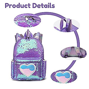 Muizary 3Pcs Cute Unicornios Backpack Set with Lunch Bag, Elementary Knapsack Rainbow Sequins bookbag for Girls and Woman -L(blue)