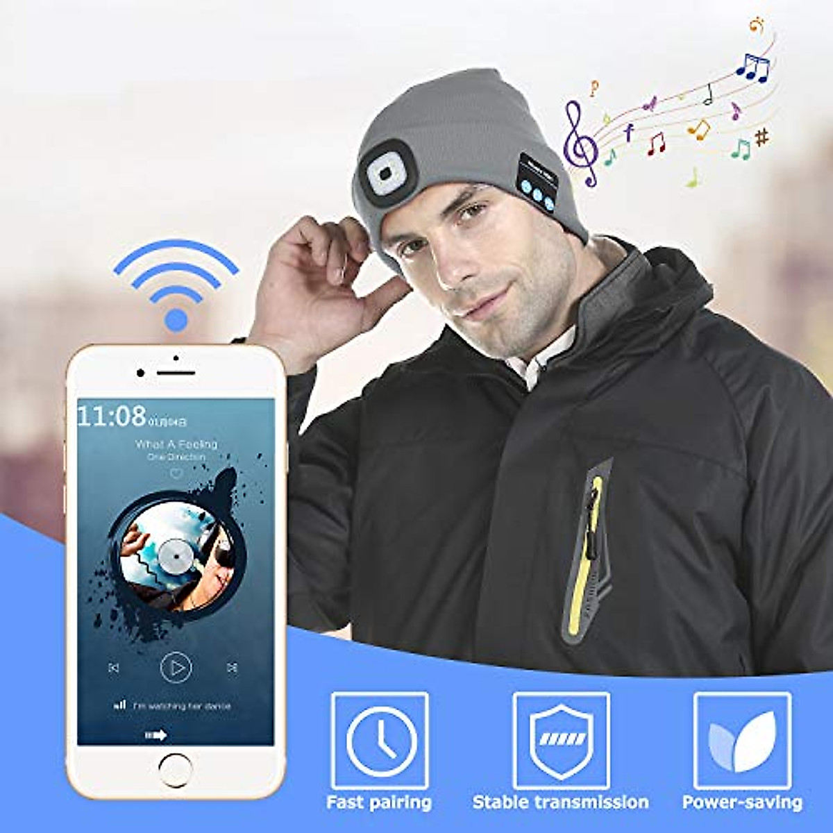 Bluetooth Beanie Hat with Light, Unisex LED Cap with Headphones Built-in Stereo Speakers & Mic, Tech Gift for Men Women Dad Black