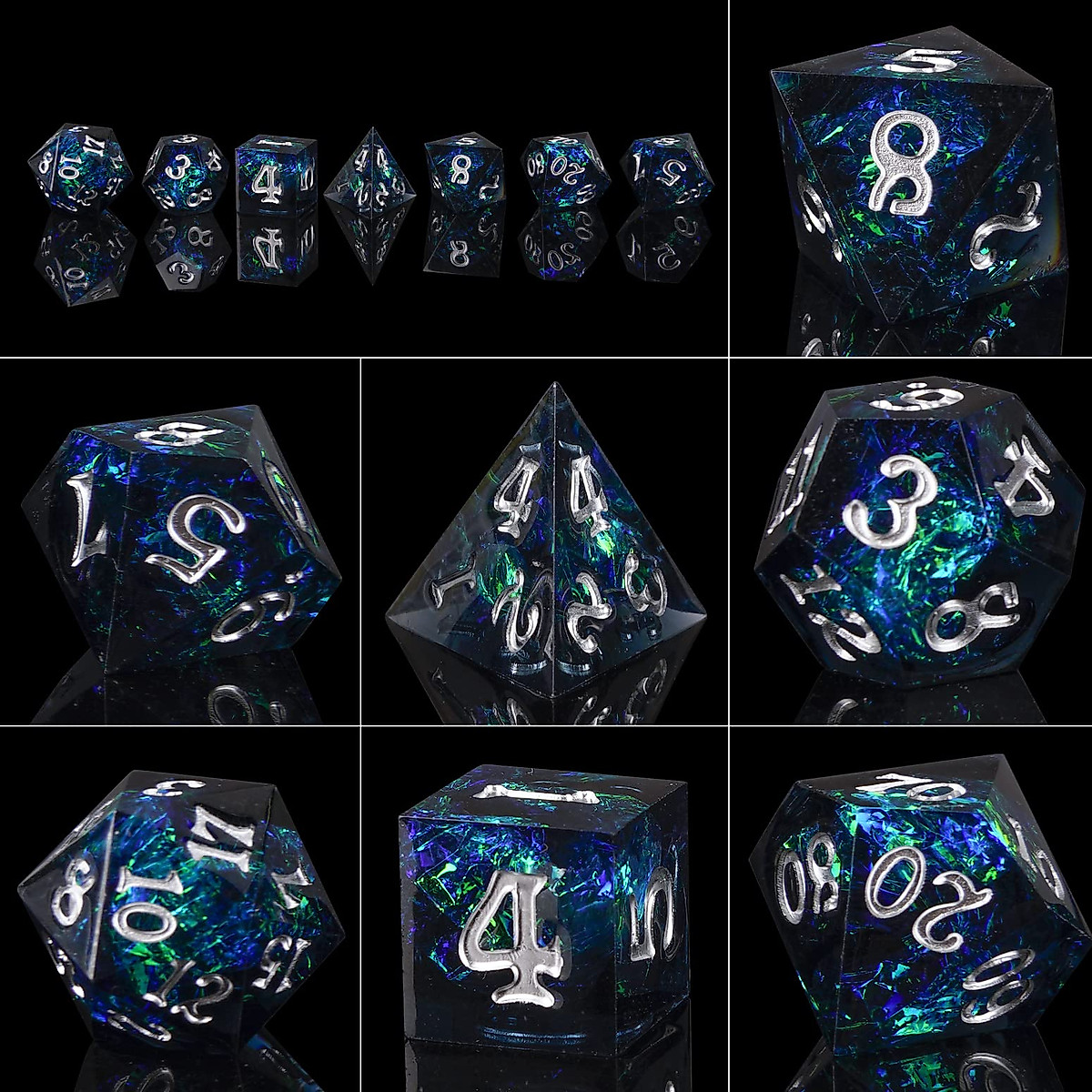 DND Dice Set Resin Polished Edge Polyhedral Dice Set D&D RPG Suitable for Dungeons and Dragons Role Playing Games Dice Gift Box Sharp-Edged Band Sparkling Laser inclusions(Mix Dark Blue Color)