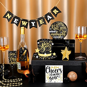 Umigy 14 Pcs Happy New Year Tiered Tray Decor 2025 Christmas Winter Table Decorations Star Formal Hat Wooden Signs New Year Rustic Decor Xmas Table Centerpieces for Home Kitchen Holiday
