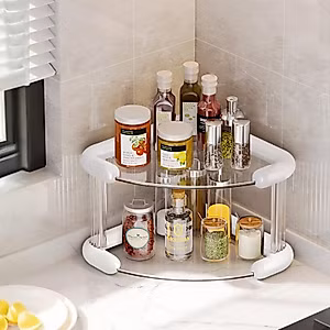 JIPORIER 2-Tier Bathroom Countertop Organizer, Makeup Organizer for Cosmetics Perfume Vanity Skincare Organizer for Bedroom, Corner Bathroom Counter Organizer Spice Rack for Kitchen (Clear White)