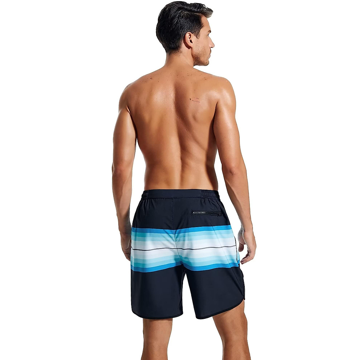 SILKWORLD Mens Swim Trunks 2 in 1 Quick Dry 7 Inch Swimming Shorts with Zipper Pockets, Navy Blue Stripe, Large