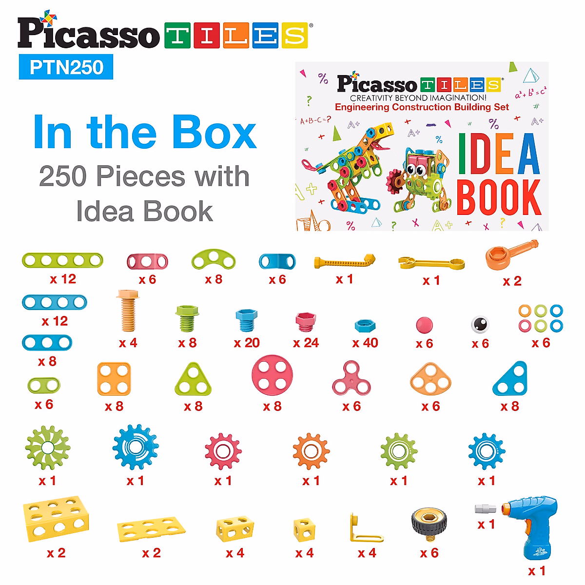 PicassoTiles STEM Learning Toys 250 Piece Building Block Kids Construction Engineering Kit Toy Blocks Children Early Education Playset w/Free IdeaBook, Power Drill, Clickable Ratchet, Age 3+ PTN250