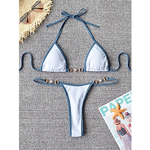 TASHEHE Women's Triangle Thong Bikini Set Sexy String Brazillian Two Piece Swimsuit Cute Bathing Suit - White - Large