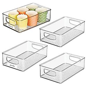 mDesign Plastic Kitchen Bins with Handles and Preprinted Cursive Food Labels Combo Set for Organizing Pantry, Kitchen, Shelves, or Counter, Includes 4 Clear Bins and 120 White Labels with Black Text