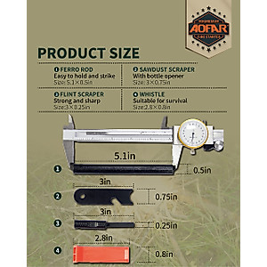 AOFAR Fire Starter, AF-376 Ferrocerium (Ferro) Rods, Fire Starter Kit with Two Multi-Tool Fire Strikers, 80dB Survival Whistle, Paracord Lanyard for Camping, Hiking, Emergency Rescue (1/2 * 5.1 Inch)