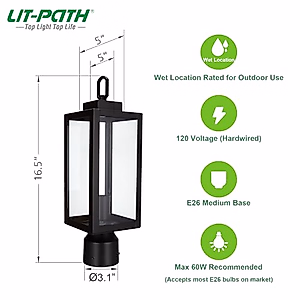 LIT-PaTH Outdoor Post Lighting Fixture with E26 Medium Base Max 60W, Metal Housing Plus Clear Glass, Matte Black Finish, Bulb Not Included, 1-Pack