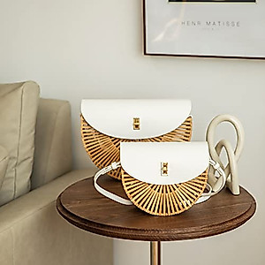 RULER TRUTH Handwoven Round Bamboo Bag Natural Shoulder Bag with Leather Straps Women's Handmade Straw Purse