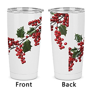 20 Oz Tumbler With Straw Leak Proof Thermos Cup, Holly Berry Branches Stainless Steel Insulated Travel Coffee Mug Fit for Car Cup Holder