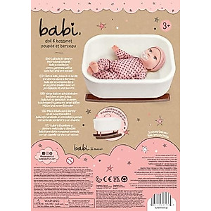 Battat Babi 14-inch Baby Girl Doll & Bassinet – Medium-Light Skin Tone & Gray Eyes – Removable Heart Polka Dot Pajama with Pacifier – Rocking Cradle Pretend-Play–Toys for Kids Ages 3 and Up