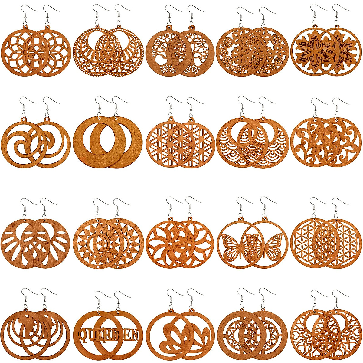 MTLEE 20 Pairs African Wooden Dangle Earrings Lightweight Ethnic Style Drop Earrings Geometric Wooden Earrings for Women(Classic Style)