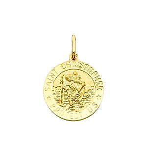 The World Jewelry Center 14k REAL Yellow Gold Religious Saint Christopher Medal Pendant with 0.9mm Cable Chain Necklace - 16"