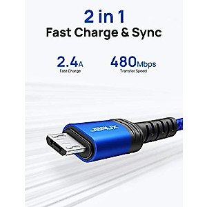 JSAUX Micro USB Cable Android Charger, (2-Pack 6.6FT) Micro USB Android Charger Cable Nylon Braided Cord Compatible with Galaxy S7 S6 J7 Edge Note 5, Kindle. MP3 and More-Blue