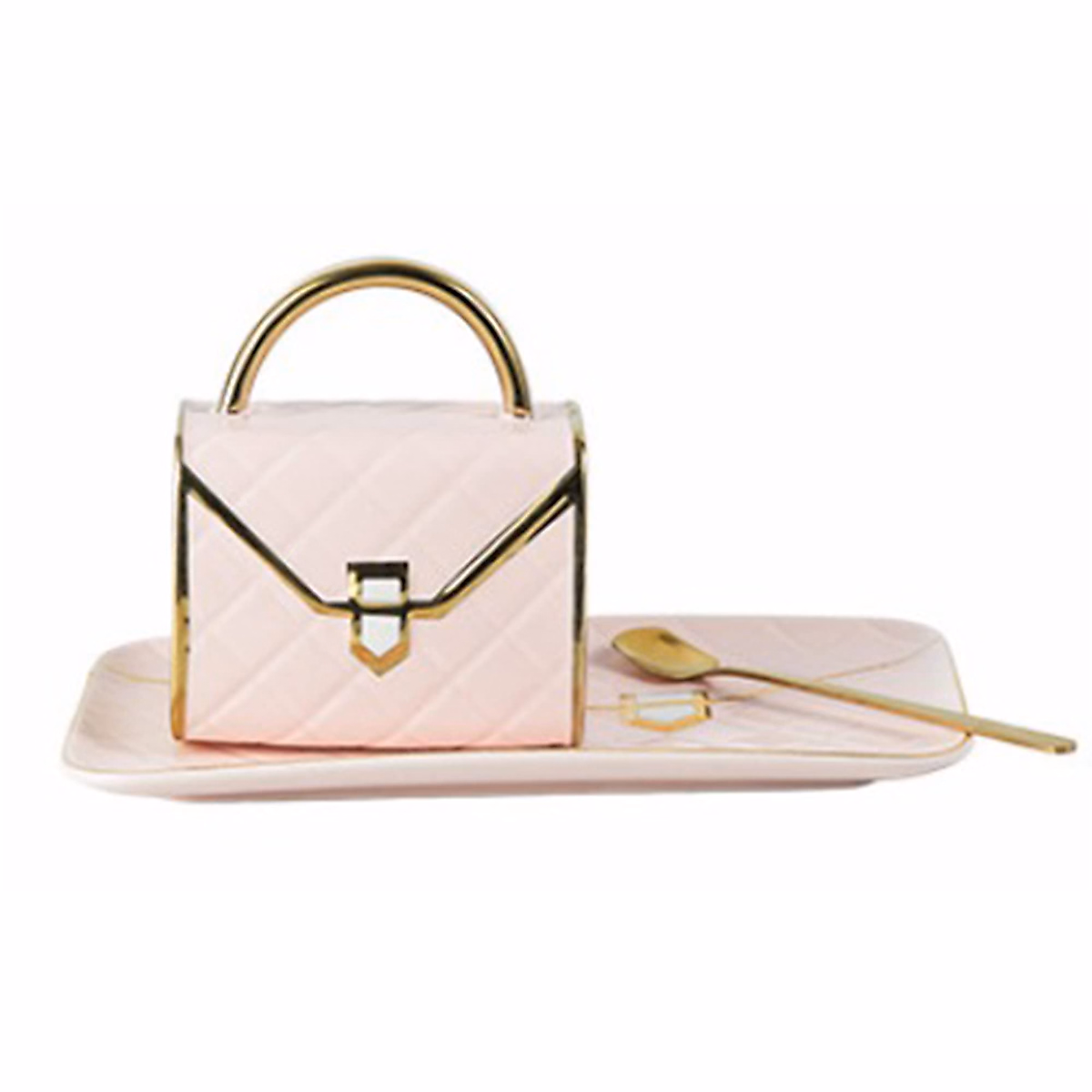 Anvirtue Handbag-Shaped Creative Ceramic Mug With Saucer Porcelain Tray & Spoon for Coffee, Hot Chocolate, Cappuccino, and Latte Breakfast (PINK)