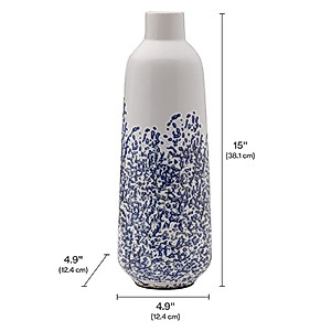 Scott Living Blue and White Ceramic Vase, for Use with Faux or Dried Flowers, 4.92x4.92x14.96 Inch