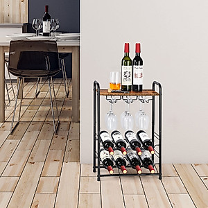 MOOACE Wood Wine Rack, Countertop Wine Storage Stand, Hold 8 Wine Bottles and 6 Glasses, Freestanding Wine Holder Stand for Kitchen, Pantry, Cellar, Bar