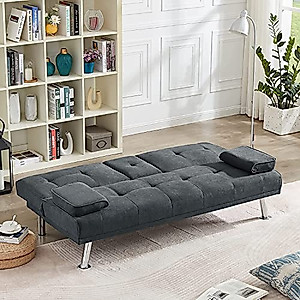 AWQM Modern Futon Sofa Bed Upholstered Convertible Folding Sofa Couch Sleeper for Compact Living Space, Apartment, Dorm,Removable Soft Armrest, 2 Cup Holders, 65.7" L x 18.5" D x 29.9" H, Dark Grey