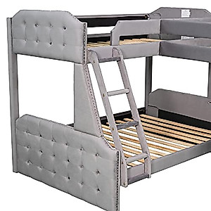 Demofit Bunk Bed and Twin Size Loft Bed and Desk, L-Shaped Twin Over Full Size Bed Frame with Ladder nd Full-Length Guardrail for Bedroom,No Boxspring Required (Grey)