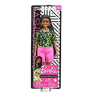 Barbie Fashionistas Doll #144 with Long Brunette Braids Wearing Neon Green Animal-Print Top, Pink Shorts, White Sandals & Earrings, Toy for Kids 3 to 8 Years Old
